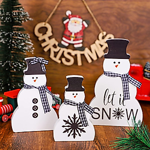 Whaline 3Pcs Christmas Snowman Wooden Decorations Black White Snowman Wood Centerpiece with Plaid Ribbon Xmas Tiered Tray Decor Rustic Snowman Blocks for Xmas Home Mantel Fireplace Tabletop Decor