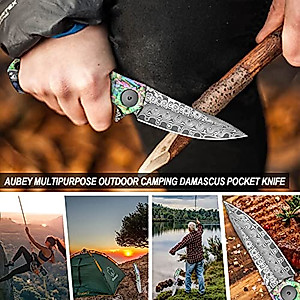 AUBEY Damascus Pocket Knife for Men Women, 3.23 inch Blade of EDC Hunting Knives with Abalone Shell Handle, Ball Bearing, Liner Lock - Sharp Damascus Steel Knife with Clip, Gift for Camping