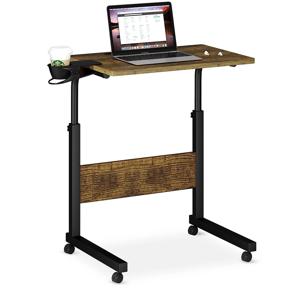 Klvied Mobile Standing Desk, Rolling Desk with Cup Holder, Portable Laptop CouchTable, Small Computer Desk, Bedside Table, Mobile Laptop Stand, Work Desk for Home Office, Walnut
