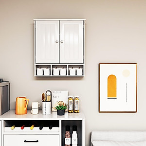 Bathroom Medicine Cabinet 2 Doors with 3 Open Shelves, Over The Toilet Storage Wall Mounted Medicine Cabinet with Adjustable Partitions，Home Bathroom Cabinet for Bathroom,Living Room,Kitchen,White