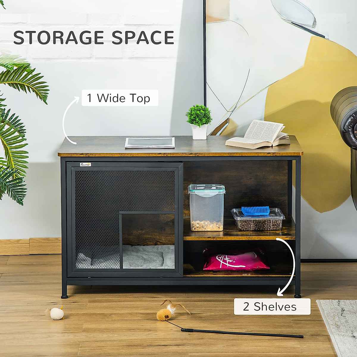 PawHut Cat Kennel, Furniture Style Dog Cage, Wood & Steel End Table Pet House with Cushion and Sliding Doors, Rustic Brown