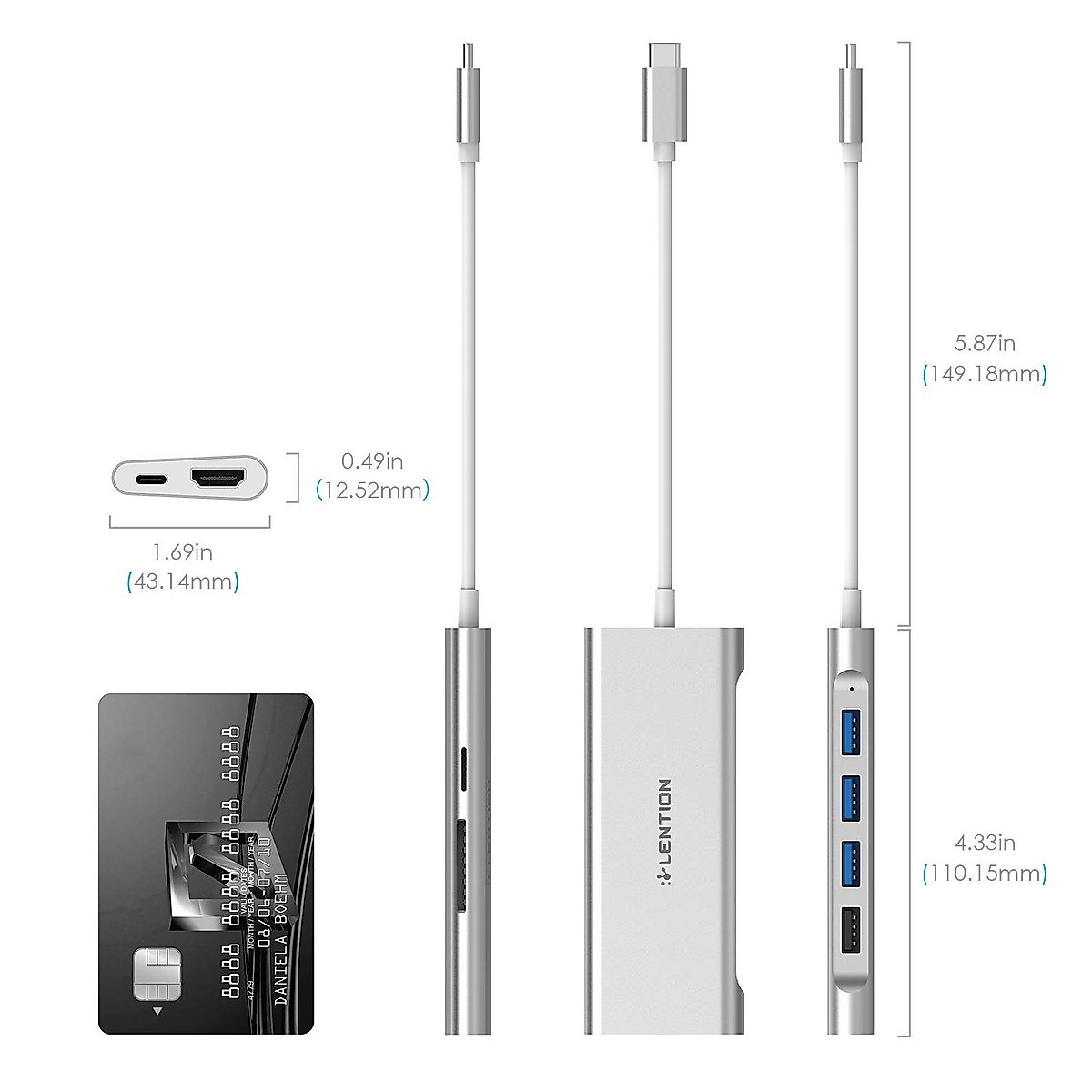 LENTION USB C Multi-Port Hub with 4K HDMI, 4 USB-A, SD 3.0 Card Reader, Type C Charging Adapter Compatible 2023-2016 MacBook Pro 13/15/16, New Mac Air/Surface, Chromebook, More (CB-C36, Silver)