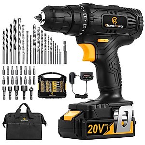 C P CHANTPOWER Rechargeable Drills, 20V Electric Power Cordless Drill with Battery and Charger, 16+1 Torque Setting, Variable Speed, Max 1350 RPM, 3/8" Keyless Chuck, LED Light for Drilling Wood,Metal