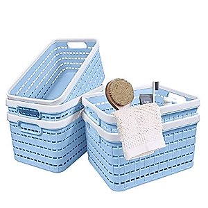 5Pack Plastic Storage Basket Blue, Desktop Weave Baskets with Handle, Portable Bathroom Open Storage Bin, Small Plastic Containers Shelf Brackets for Shelves Countertop Kitchen Cabinet Office