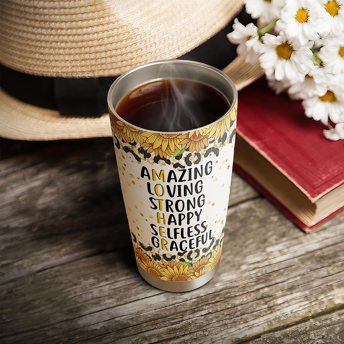 20oz Sunflower Mother Tumbler, Amazing Loving Strong Happy Selfless Graceful, Mom, Grandma Gifts, Coffee Thermos for Women, Stainless Steel Double Wall Vacuum Insulated Coffee Mug, Travel Cup with Lid