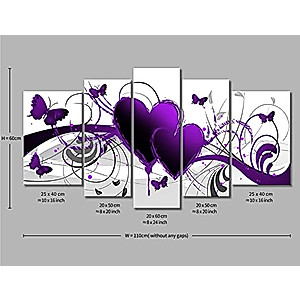 Yeawin Purple Love Butterfly Wall Art Purple Heart The Picture Print On Canvas 5 Panels Modern Abstract Artwork The Canvas for Home Living Dining Room Kitchen(Wrapped Canvas Wall Art,Ready to Hang)