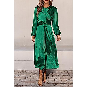 PRETTYGARDEN Women's Fall Fashion 2023 Long Sleeve Satin Dress Tie Back Casual Flowy Midi Dresses (Dark Green,Medium)
