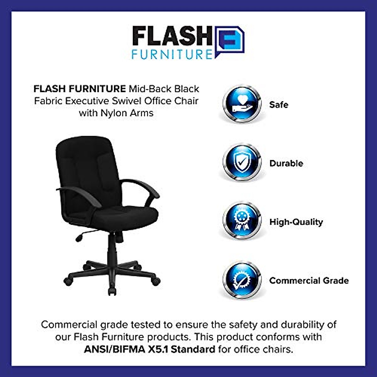 Flash Furniture Mid-Back Black Fabric Executive Swivel Office Chair with Nylon Arms
