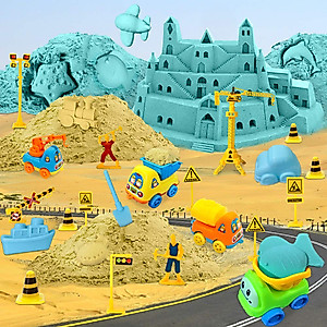 ESSENSON Play Construction Sand Kit - 3lbs Sand with 2 Colors, 6 Mini Construction Trucks, Construction Toys and Signs, Animal Mold, Modeling Tools, Foldable Sandbox, Gifts for Boys Girls