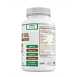 Organic Coconut Oil Capsules 2000mg - 100% Extra Virgin, Cold Pressed for Healthy Skin, Extra Hair Growth, Nail Care, Brain Booster - 120 Softgels - Unrefined Pure & Non GMO Pills - Rich in MCT