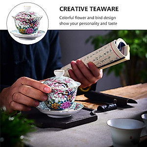 DOITOOL Ceramic Tea Cup Chinese Fu Tea Cup with Lids Hand- painted Tea Bowl Ceramic Tea Bowl Traditional Tea Ware (Flower Birds)