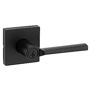 Kwikset Lisbon Keyed Entry Lever with Square Rose Featuring SmartKey Security in Matte Black
