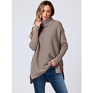 ANRABESS Women's Oversized Turtleneck Batwing Sleeve Spilt Casual Loose Knit Tunic Pullover Sweater Tops 2025 Fall Outfits Brown Small