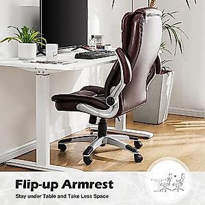 Ergonomic Office Chair High Back Executive Office Desk Chairs with Lumbar Support Flip-up Padded Armrests, PU Leather Office Chair Big and Tall Computer Desk Chair Adjustable Height, Brown