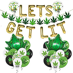 CYMYLAR 47pcs 'lets get lit' Party decorations for adults, weed set includes Latex Marijuana balloons, weed shape foil balloons and banner, Green Confetti balloons, For cannabis birthday-themed party