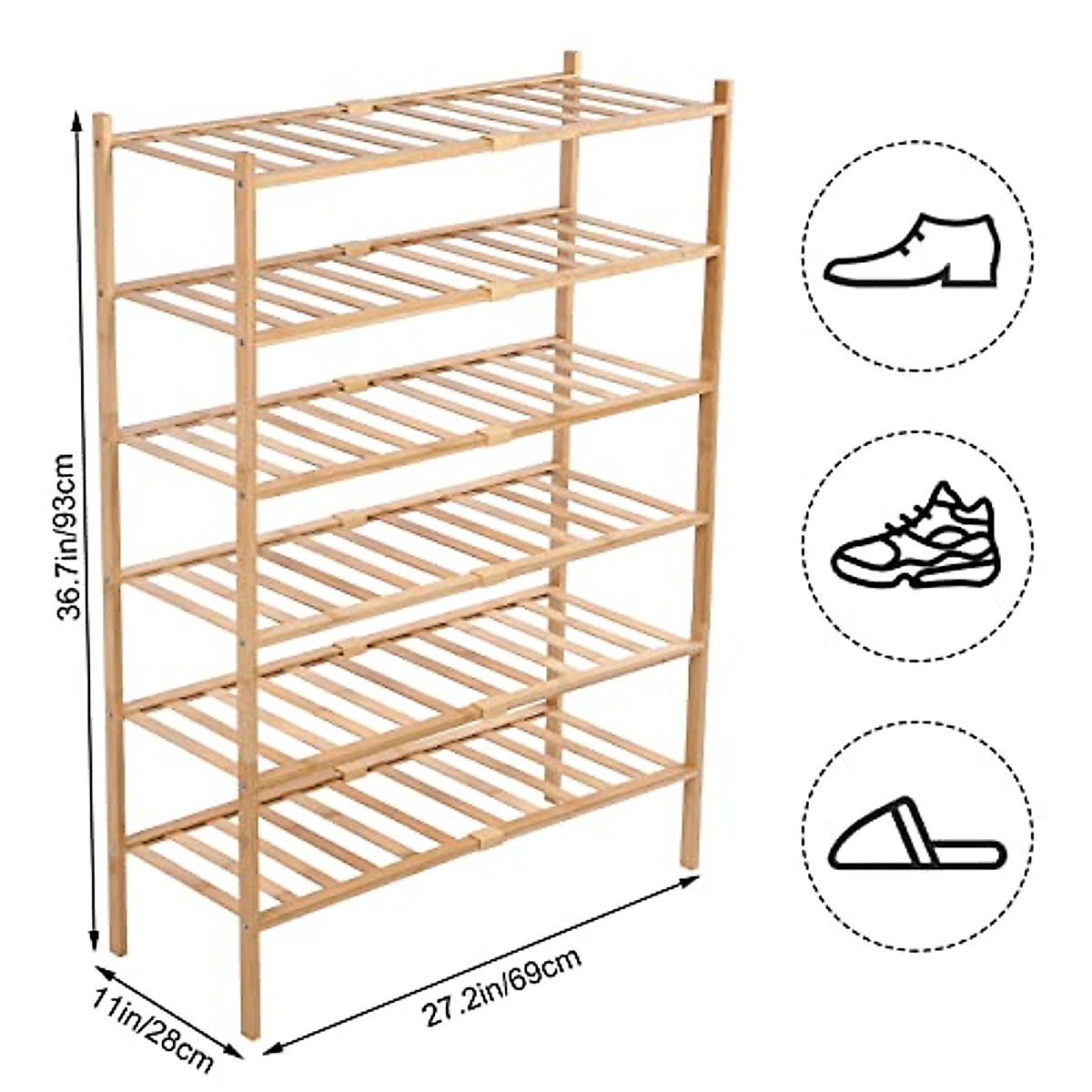 Unizooke 6-Tier Bamboo Shoe Rack for Entryway, Premium Stackable Shoe Rack Free Standing Shoe Racks for Closet Bedroom Cloakroom Study Kitchen Garden Balcony.