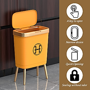 Bedroom Trash Can with Lid,Slim Bathroom Cans Lids, Dog Proof Press Top Lid,Modern Gold Plastic Waste Basket for Living Room, Office,Kitchen, 4 Gal-Orange