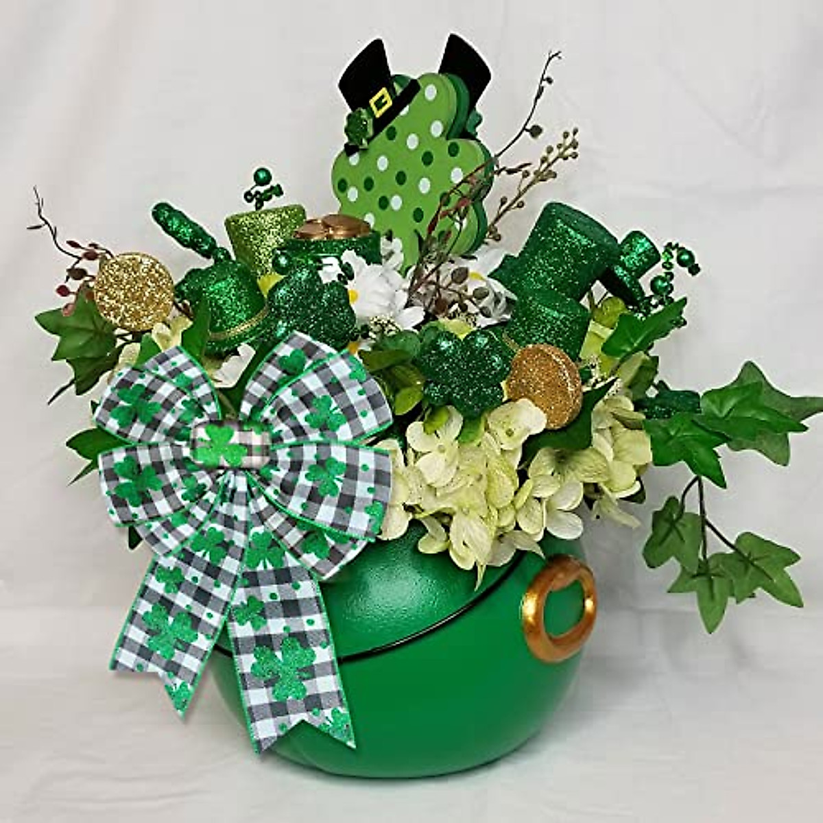 Happy St. Patrick's Day Glitter Lucky Shamrock Checkered Plaid Wired Edge Ribbon Green Clover Fabric Ribbon Ornaments for St. Patrick Decorations Gift Wrapping Party Decorative 2.5"x10 Yard