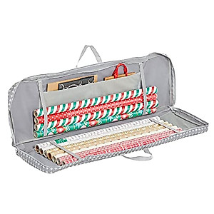 mDesign Long Gift Wrapping Organizer Storage Bag with Handles - Wrapping Paper Holder for Christmas and Holiday Giftwrap - Zipper Closure Wrapping Paper Storage Bag Container with Polka Dots - Gray