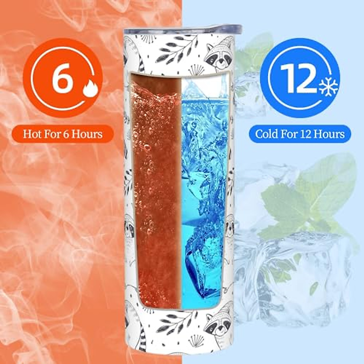 AFHYZY 20 oz Skinny Tumbler Reusable Coffee Travel Mug with Lids and Straws, Insulated Coffee Cups 20oz Stainless Steel Water Bottles Leak Proof for Home, Adults, Women - Raccoon