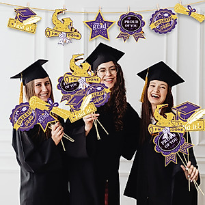 Graduation Party Decorations Purple Gold 2024/Purple Graduation Decorations Class of 2024 NYU Table Centerpieces-24Pcs Purple Gold Black Graduation Sticks Table Toppers for Graduation