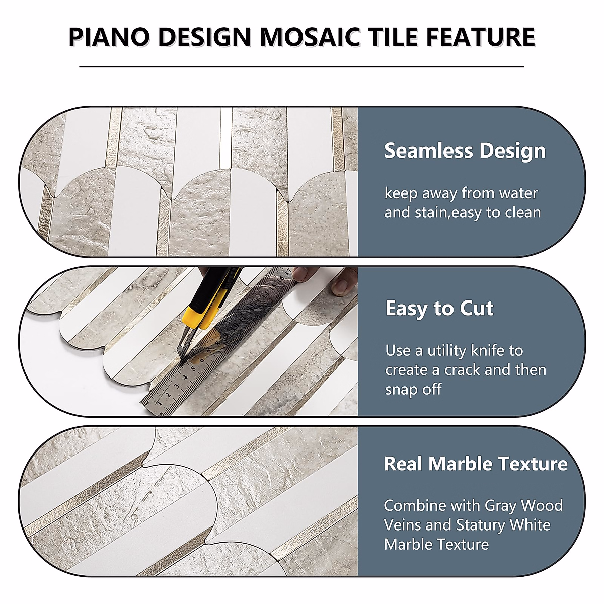 Vamos Peel and Stick Backsplash Seamless Tile for Kitchen and Bathroom,White and Beige Slate PVC Mixed Light Gold Self Adhesive Fish Scale Metal Mosaic Tiles (10 Sheets)