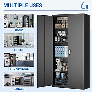 FLEXIMOUNTS Metal Storage Cabinet, 5-Tier Locking Cabinet with 4 Adjustable Shelves and 2 Doors, 71" H, Large-Capacity Cabinet for Garage, Home, Office, Laundry Storage, Black