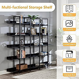 KIVENJAJA Triple Wide 5-Tier Bookshelf, Industrial Display Bookcase with Metal Frame, Tall Open Storage Book Shelves for Bedroom, Living Room, Home Office (Black)