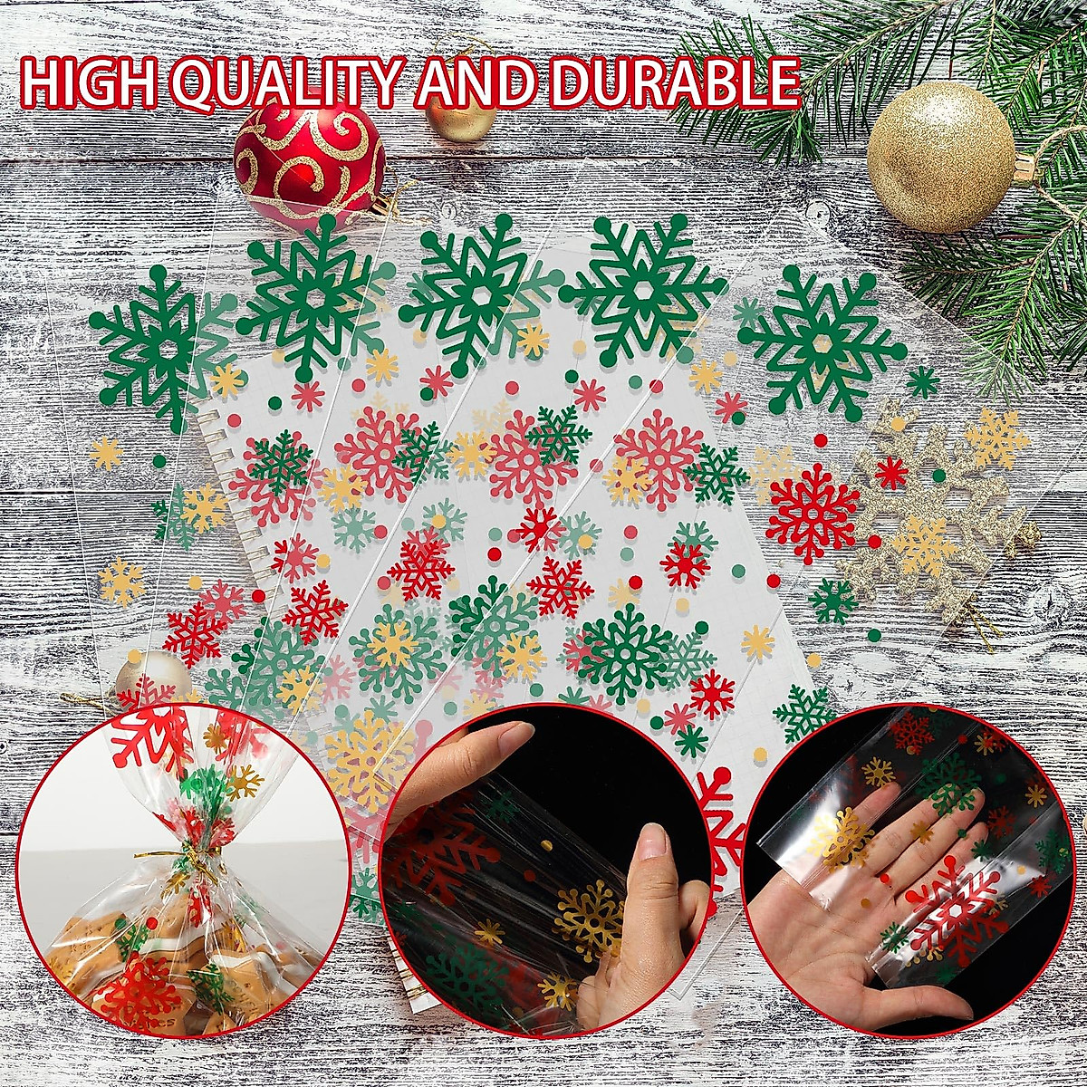 Resholder 100 Counts 28 x 13 cm Flat Clear Cellophane Treat Bags Block Bottom Storage Bags Sweet Bags with 100 Pieces Twist Ties For Christmas Party Favor (Red Green Gold Snowflake)