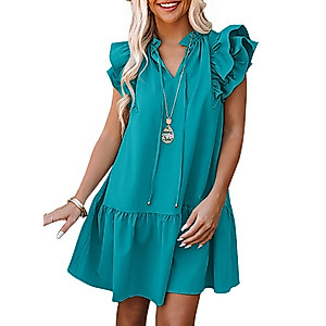 Dokotoo Summer Dresses for Women Sun Dresses 2025 Elegant V Neck Drawstring Ruffle Solid Pockets Cap Short Sleeve Casual Dresses for Women Green X-Large