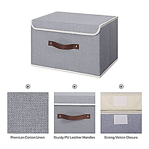 ANMINY Storage Bin with Lid Storage Boxes with PU Leather Handles PP Plastic Board Decorative Foldable Lidded Cotton Linen Fabric Home Cubes Baskets Closet Organizer Container - Gray, Large Size