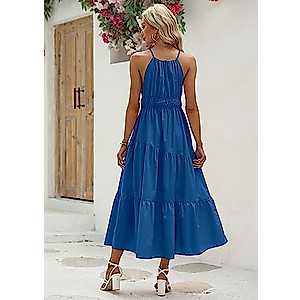Womens Halter Sleeveless Boho Dress Casual Sexy Flowy Pleated High Waist A-Line Babydoll Midi Dresses for Women