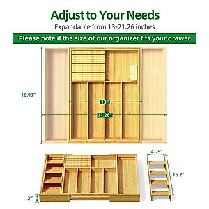 Delamu Expandable Silverware Organizer with Cutlery Organizer in Drawer, Flatware Utensil Organizer with Knife Organizer, Bamboo Kitchen Drawer Organizer for Large Utensils, Silverware Tray for Drawer