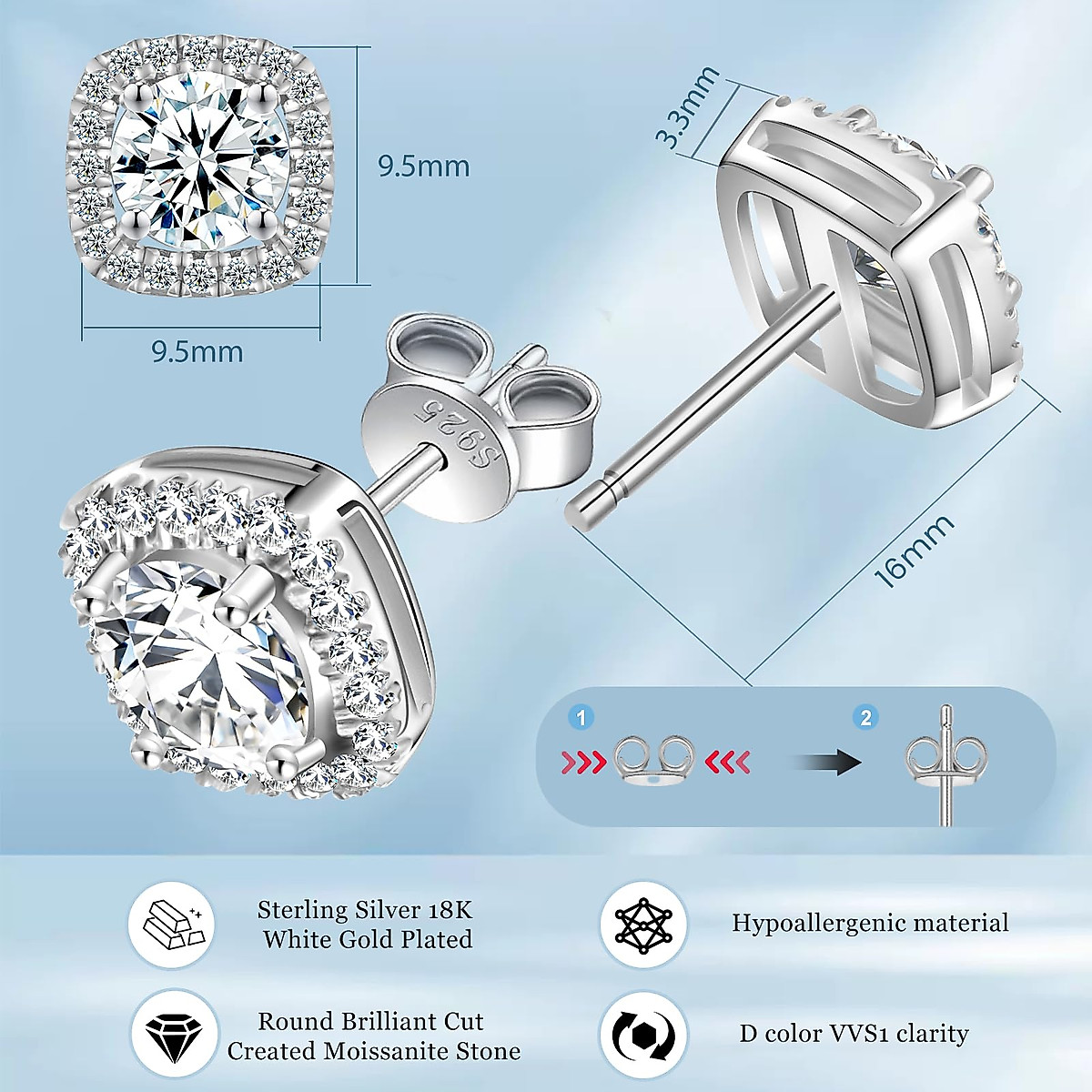 Tunzug Moissanite Halo Earrings Square 0. 5-3 Carat 925 Sterling Silver Plated 18K Gold Plated Friction Flat D Color VVS1 Clear Earrings for Men Women