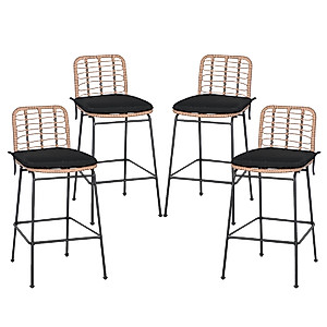 Patiorama Outdoor Bar Stools Set of 4, Patio Counter Height Stools & Bar Chairs w/Footrest, Hand-Woven Armless Beige Rattan Bar Set Patio Furniture for Garden,Pool, Indoor,Cafe,Kitchen(Black Cushion)