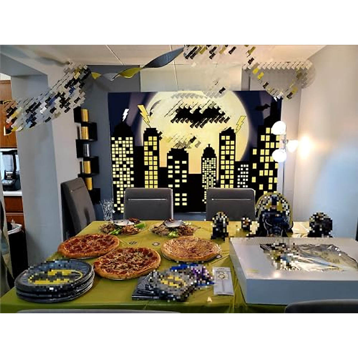 Superhero Super City Photography Backdrop Yellow Full Moon Skyline Cityscape Photo Background Newborn Baby Shower Kids Birthday Party Cake Table Decoration Banner Props (7x5FT)