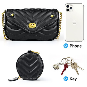 Small Quilted Crossbody Bags for Women Trendy Designer PU Leather Shoulder Bag with Coin Purse Sets Metal Chain Clutch (Black)