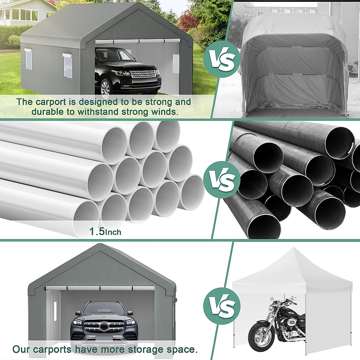 ROOMTEC Outdoor 13x20 FT Carport, Heavy Duty Canopy Storage Shed with Mesh Windows and Pure iron pipe, Waterproof Oxford Cloth, Removable Sidewalls & Doors, for Car, Boat, Party, Wedding, Light Grey