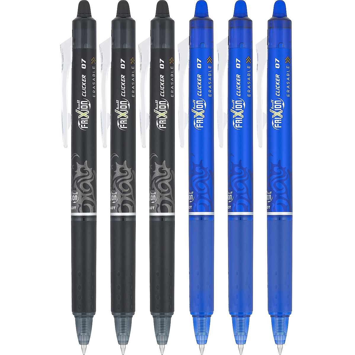 Pilot FriXion Clicker 0.7mm, Erasable Gel Pens, Fine Point (6-Pack, Black/Blue)