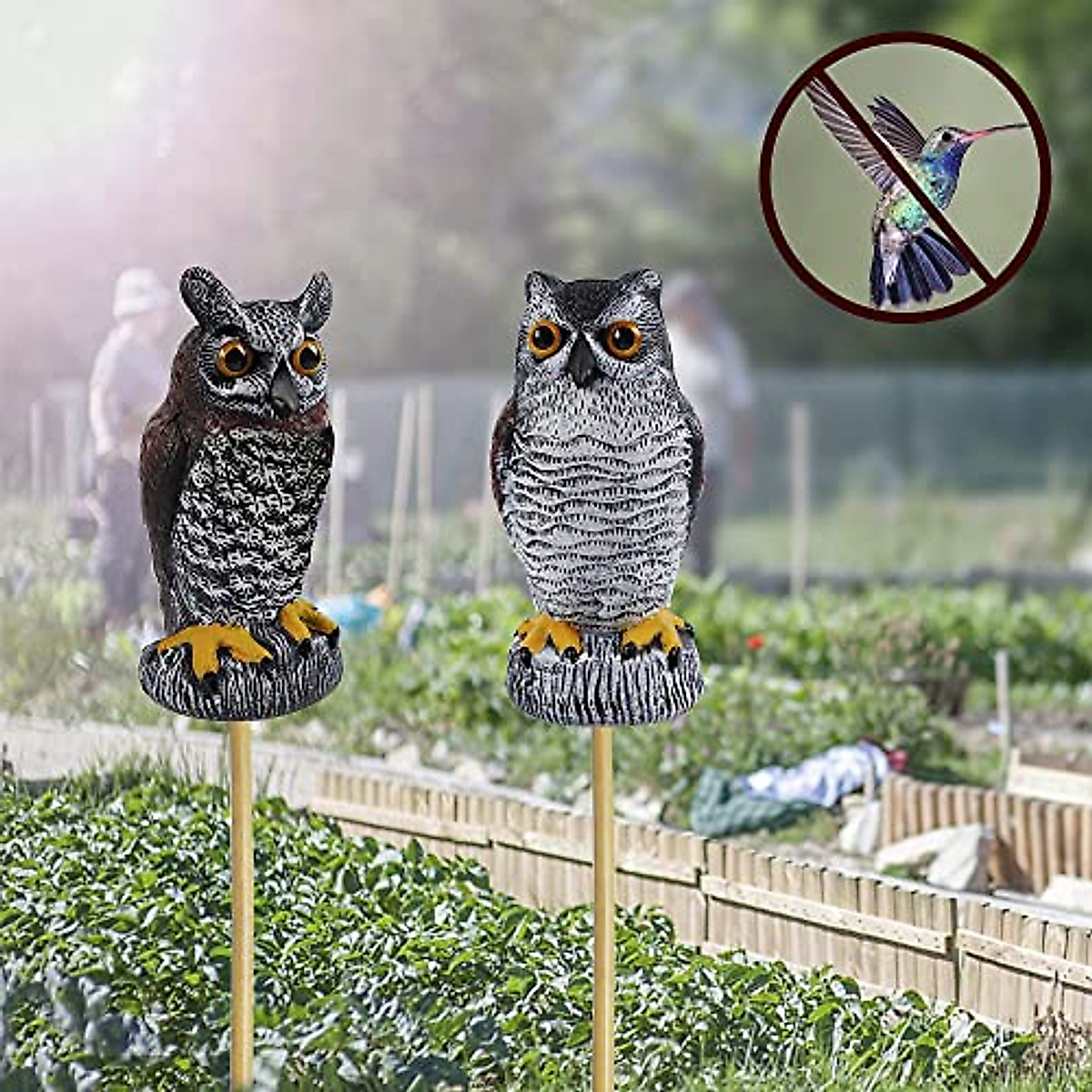 Hausse 2 Pack Fake Owl Decoy Bird Scarecrow Sculpture, Plastic Horned Owl Bird Deterrents with Yellow Claws, Garden Protectors, Large Nature Enemy Pest Repellent for Outdoor Garden Yard