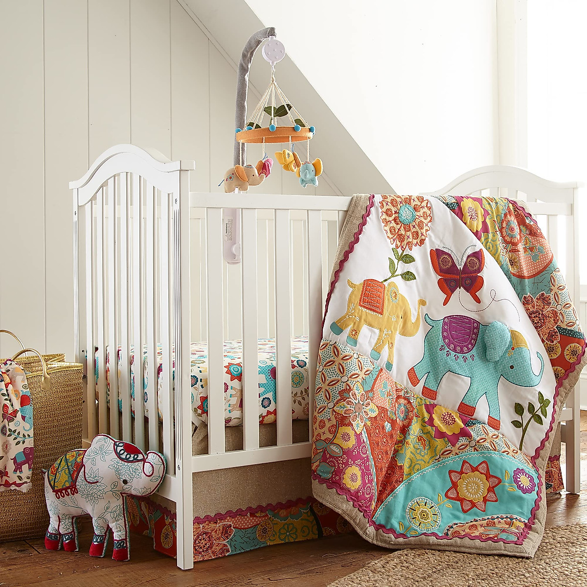 Levtex Baby - Zahara Crib Fitted Sheet - Fits Standard Crib and Toddler Mattress - Boho Elephants, Leaves and Flowers - Orange, Teal, Yellow, Red, Fuchsia - Nursery Accessories - 100% Cotton