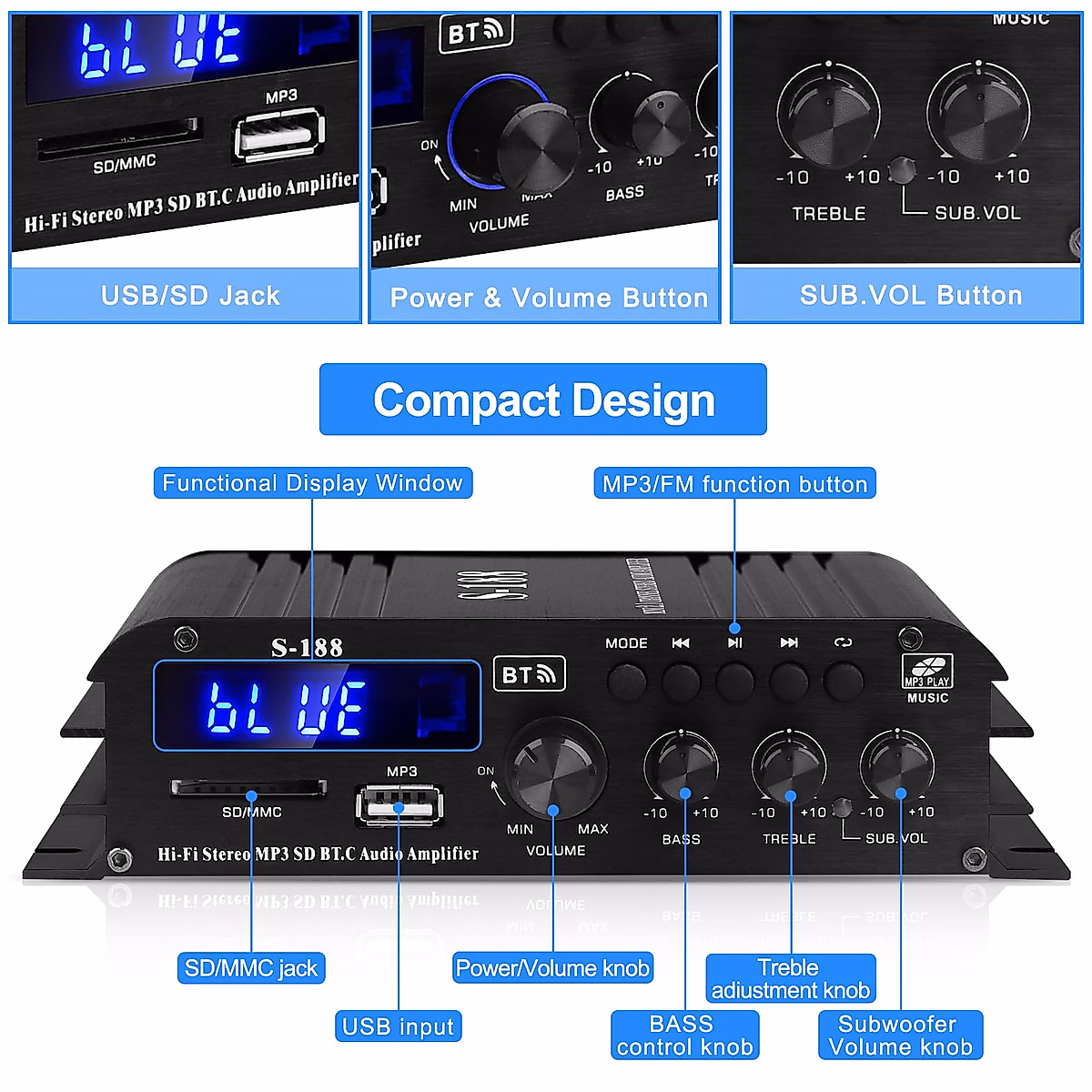 Bluetooth Audio Power Amplifier S188 2.1CH 40Wx2+50W Output Hi-Fi Subwoofer Amplifier Integrated Mini Stereo Amp Receiver W/USB,AUX,Remote Control for Home Car Speakers