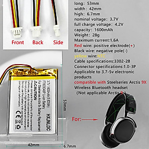 HXJNLDC DC 3.7V 1600mAh FT603048P Rechargeable Polymer Lithium Battery for Steelseries Arctis 9X Wireless Gaming Headset Battery Replacement