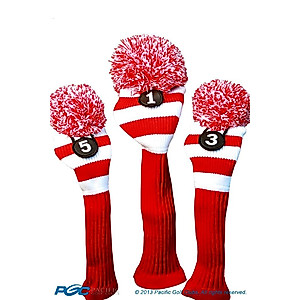 Majek Golf Club 1 3 5 White and Red Limited Edition Driver and Fairway Wood Head Covers Fits 460cc Drivers Tour Knit Retro Vintage Pom Classic Long Neck Metal Longneck Woods Headcovers