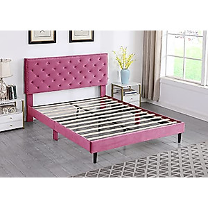 Queen Upholstered Platform Bed Frame with 48" Tall Adjustable Headboard - Button Tufted Suede Velour Bed- Wood Slat Support with Storage Space- No Box Spring Needed - Pink - OLIVER & SMITH - Princeton