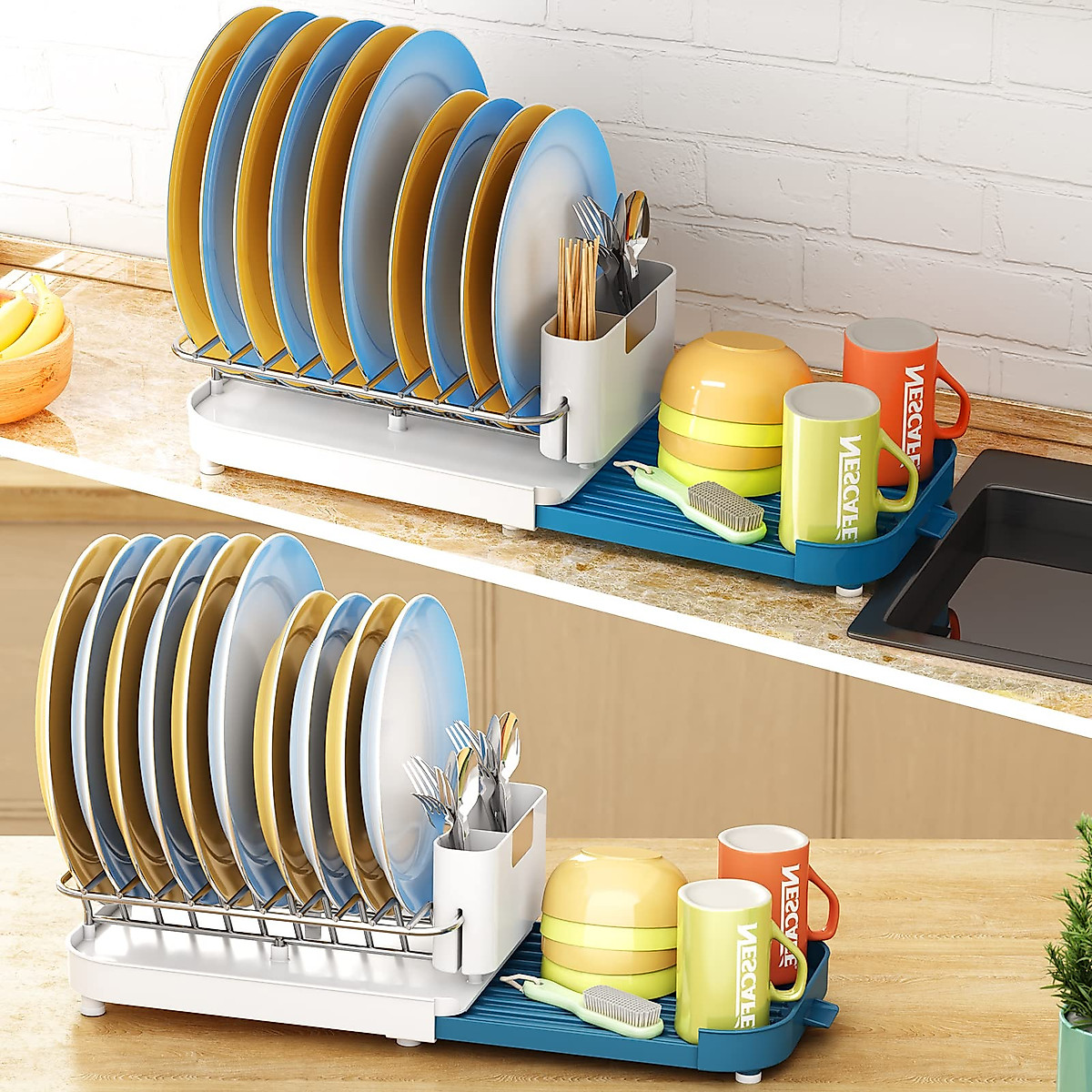 PXRACK Dish Drying Rack, Expandable(11.4"-18") Dish Rack for Kitchen Counter with Detachable Utensil Holder, Stainless Steel Small Dish Drainer and Drainboard Set for Kitchen in Sink