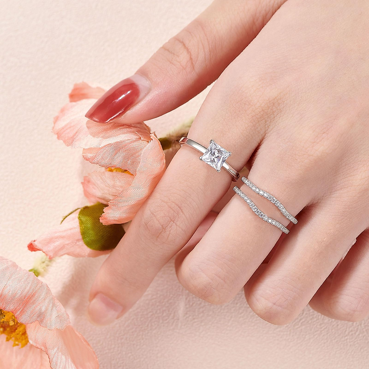 SHELOVES Solitaire Princess CZ Engagement Rings Set Wedding Band Guard Ring Enhancers Sterling Silver Sz 7