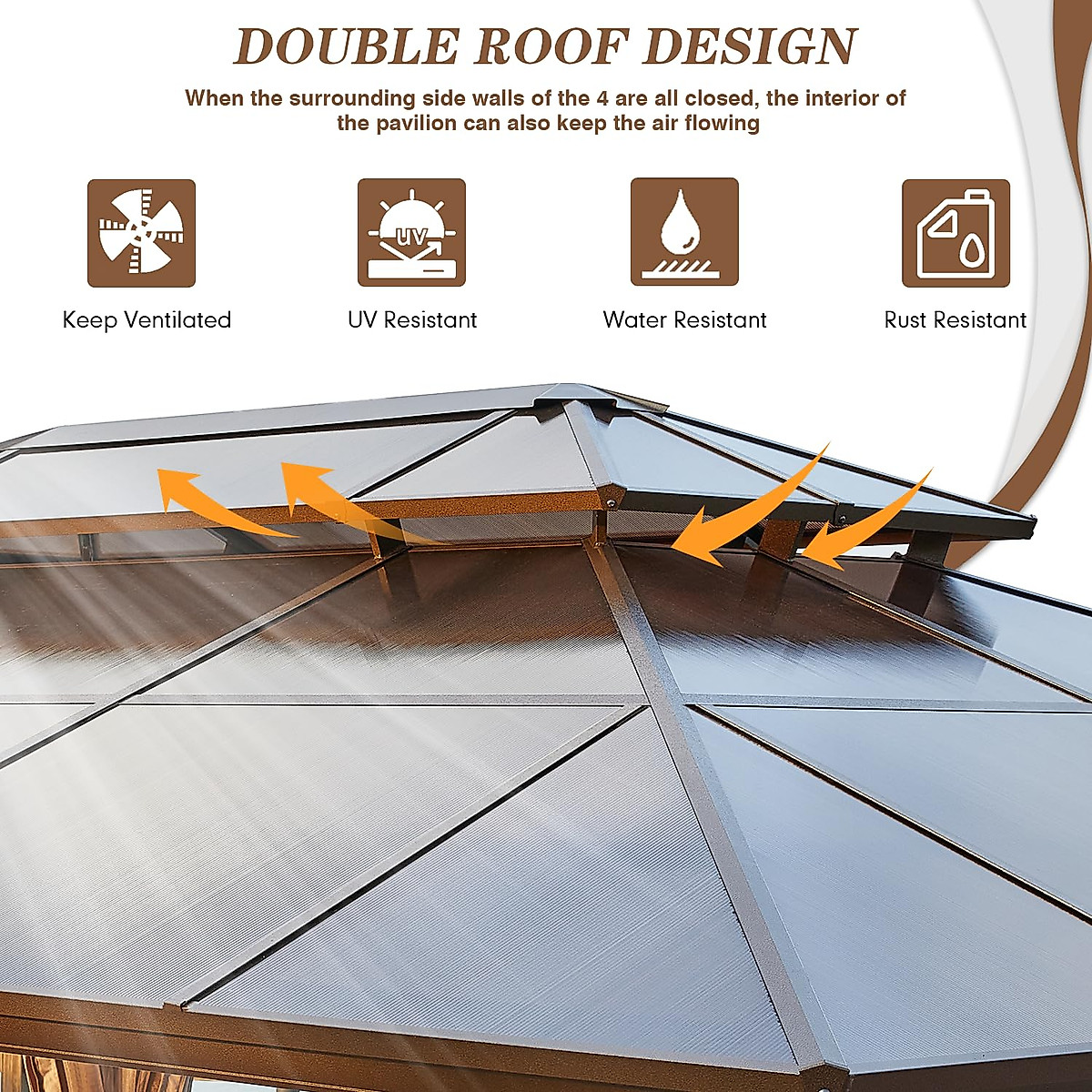 EROMMY 12' x 16' Gazebo Polycarbonate Double Roof Canopy Outdoor Aluminum Frame Pergola, Permanent Pavilion with Netting and Curtains for Garden Patio Lawns Parties