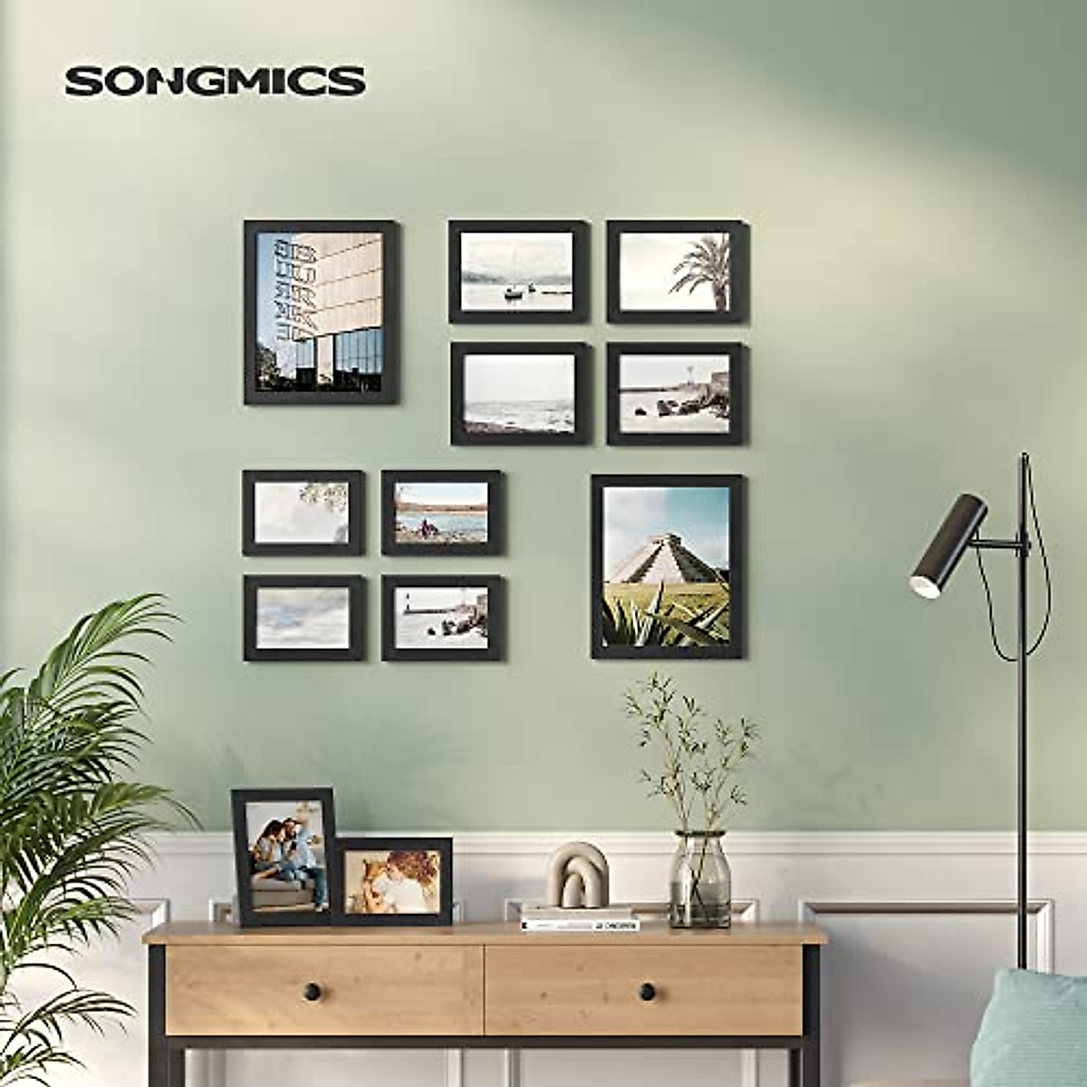 SONGMICS Picture Frames, 10 Pack Collage Picture Frames with Two 8x10, Four 5x7, Four 4x6, Photo Frame Set for Wall Gallery Decor, Hanging or Tabletop Display, Clear Glass Front, Black