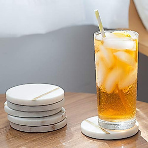 Cork & Mill Marble Coasters for Drinks - Set of 6 Handcrafted Modern Coasters - 4" Wide Drink Coasters - White Marble Coasters with Gold Brass Inlay - Made from Real Solid Marble